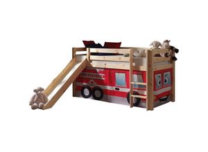 5420070212816 - Les Tendances - Kinderzimmer Spielbett mit Textilset Feuerwehr PINOO-12 incl Rutsche in Kiefer massiv natur lackiert b h t ca 210 114 218 cm