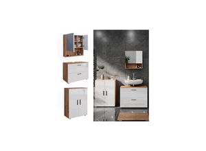 4066731273355 - Badmöbelset Irma Eiche Weiß Hochglanz modern Badezimmerschrank Badschrank Badezimmermöbel Waschtischunterschrank Spiegelschrank Kommode Schranktür Schrankschublade Schrankfach