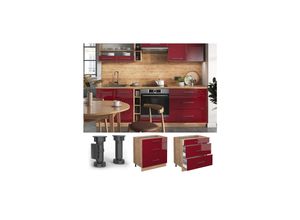 4066731195640 - Schubladenunterschrank Küchenschrank Küchenmöbel Fame-Line Eiche Bordeaux Rot 80 cm modern Hochglanz Küche Einbauküche Drehtür Blende Schublade Küchenunterschrank Küchenzeile