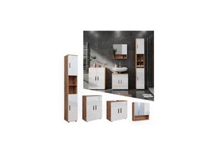 4066731273393 - Badmöbelset Irma Eiche Weiß Hochglanz modern Badezimmerschrank Badschrank Badezimmermöbel Waschtischunterschrank Spiegelschrank Hochschrank Kommode Schranktür Schrankfach