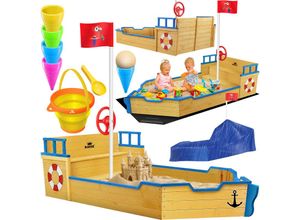 4260663286814 - KIDIZ® Sandkasten Ahoi - Piratenschiff Boot Segelschiff aus Holz Inkl Abdeckung Bodenplane Sitzbank Flaggenmast Sandspielzeug Große Kinder Sandkiste für den Garten Outdoor Sandbox