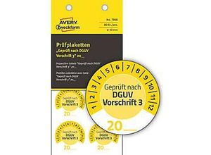 4004182079089 - 7908 Prüfplaketten „DGUV Vorschrift 3“ 20__zum Selbereintragen extrem robust Ø 30 mm 80 Stück 10 Bogen Vinylfolie gelb