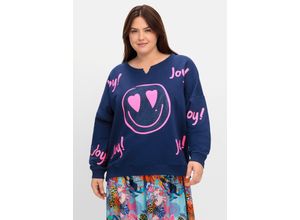 4063137053277 - Große Größen Sweatshirt mit Smiley-Frontdruck und Glitzersteinen royalblau bedruckt Gr56