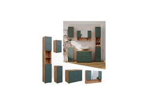 4066731401116 - Badmöbel-Set Irma Eiche Grün 5-teilig Hochschrank Midischrank 81 cm