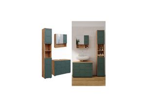 4066731401031 - Badmöbel-Set Irma Eiche Grün 3-teilig Hochschrank Waschbeckenschrank 80 cm