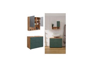 4066731401017 - Badmöbel-Set Irma Eiche Grün 2-teilig Spiegelschrank Waschbeckenschrank 80 cm