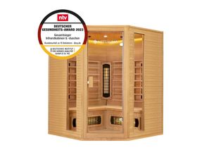 4260565522669 - Eck-Infrarotkabine Nyborg E150V - Infrarotsauna 150x150 cm Vollspektrumstrahler für 4 Personen - LED-Farblicht - Wärmekabine aus Hemlockholz