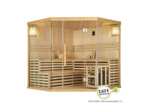 4260565525127 - Saunakabine Espoo200 Premium mit Harvia Ofen – 5 Personen – Hemlock Holz Glasfront und led Licht – Inkl Thermometer & Sanduhr –Komplett Set