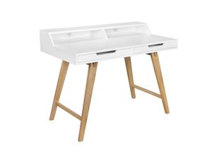 4250950269200 - Schreibtisch 110 x 85 x 60 cm MDF-Holz skandinavisch weiß matt Arbeitstisch Design Laptoptisch mit Kabeldurchlass Bürotisch mit Eiche-Beinen