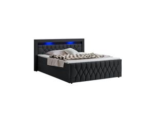 4262437181639 - Boxspringbett Leona 180x200 cm - Bett mit led Beleuchtung Topper & H4 Federkern Matratzen - Einzelbett Bettkasten Schwarz mit Samt und Steppung