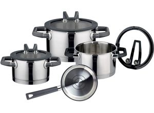 4006925300054 - Elo Premium Topf-Set RONDELLO Edelstahl 18 8 Edelstahl 18 10 (Set 7-tlg je 1 Fleischtopf Ø 16 20 24 cm 1x Stieltopf Ø 16 cm) mit integriertem Öl-Dosiersystem Induktion schwarz