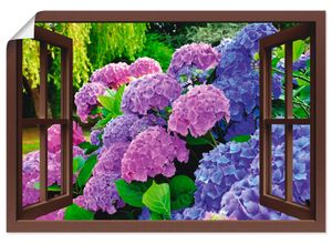 4057738335559 - Wandbild ARTLAND Fensterblick - Hortensien im Garten Bilder Gr B H 70 cm x 50 cm Poster Blumen Querformat 1 St lila Bild Leinwandbild Kunstdrucke Bilder als Alubild Leinwandbild Wandaufkleber oder Poster in versch Größen