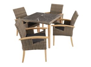 4061173244819 - tectake® Rattan Tisch Tarent mit 4 Stühlen Rosarno mit Holzgestellen wetterfest und UV-beständig Armlehnen und Füße aus Holz