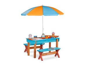 4052025260323 - Kindersitzgruppe Garten Holz Spieltisch Set aus Tisch 2x Sitzbank & Sonnenschirm Outdoor Kindermöbel bunt - Relaxdays