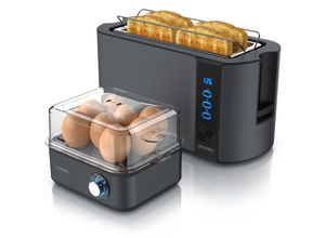 4062861804391 - Arendo 2-teiliges Frühstücksset - 4-Scheiben Langschlitz Toaster 8er Eierkocher Grau