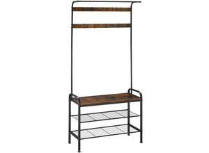 4061173210715 - tectake® Garderobenständer Industrial Style mit Sitzfläche 2 Gitterablagen und 9 abnehmbaren Haken inklusive Kippschutz 855 x 36 x 184 cm