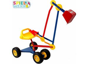 4250525324075 - Spielwerk® Sitzbagger 360° Radius Schwenk- und Greiffunktion bis 50kg Sandkasten Aufsitzbagger Reifen Schaufel Kinder Spielzeug ab 3 Jahren Metall