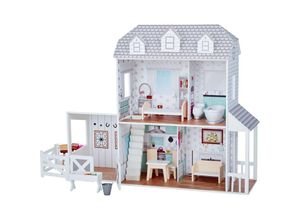 0816780027409 - Olivia’s Little World Interaktives Puppenhaus und Stall aus Holz für Kinder mit 2 Ebenen und 14 Puppenmöbel-Zubehör für 30-cm-Puppen - Weiß grau