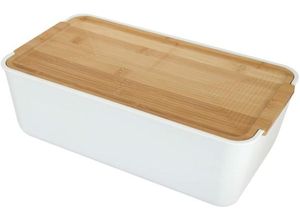 4052304257617 - Brot Aufbewahrungsbox Kunstoff eckig weiß mit Bambus Schneidebrett 38 cm
