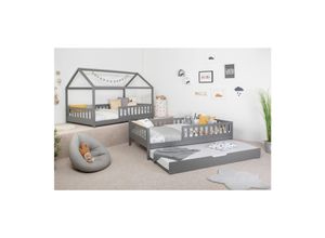 4251105972105 - TiCAA 2 in 1 TiCAA Hausbett Bodenbett wandelbar mit abnehmbaren Dach Duo 90x200 cm für Jungen & Mädchen inkl Rolllattenrost Zusatzbett und Rausfallschutz variabel Montessori Bett weiß aus Kiefer Massivholz