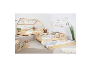 4251105972242 - TiCAA 2 in 1 TiCAA Hausbett Bodenbett wandelbar mit abnehmbaren Dach Duo 90x200 cm für Jungen & Mädchen inkl Rolllattenrost Zusatzbett und Rausfallschutz variabel Montessori Bett weiß aus Kiefer Massivholz