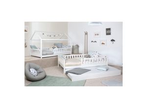 4251105972358 - TiCAA 2 in 1 TiCAA Hausbett Bodenbett wandelbar mit abnehmbaren Dach Duo 90x200 cm für Jungen & Mädchen inkl Rolllattenrost Zusatzbett und Rausfallschutz variabel Montessori Bett weiß aus Kiefer Massivholz