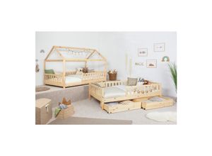 4251105971795 - TiCAA 2 in 1 TiCAA Hausbett Bodenbett wandelbar mit abnehmbaren Dach Duo 90x200 cm für Jungen & Mädchen inkl Rolllattenrost Schubkasten und Rausfallschutz variabel Montessori Bett weiß aus Kiefer Massivholz