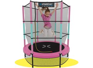 4260495750392 - KINETIC SPORTS Kinder Trampolin JUMPER 140 cm - Inklusive Gummiseil Federung Sicherheitsnetz mit Reißverschluss Rahmenpolster Schutz Bodennetz - Indoor Kindertrampolin Spielzeug Pink-Türkis