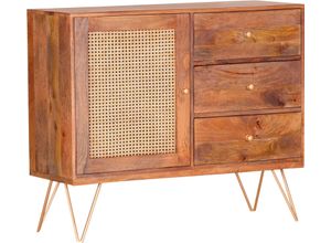 4061915114516 - Kommode Network beige (natur) B105cm H87cm T39cm Massivholz Sideboards mit Rattan Wiener Geflecht und Hairpin Beinen