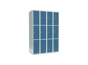 7042424575880 - 3er-Schließfachschrank Fydor 4 Abteile lichtgrau   brillantblau B 1200 mm 4 Abteile flache Dachform Vorhängeschloss