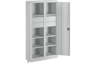 4055479003317 - - Schwerlastschrank Vollblechtüren mit Trennwand 6 beschichtete Böden 4 Schubl 175 mm BxTxH 1040x630x1950 mm ral 7035