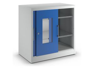 4250633323571 - Schiebetürenschrank mit Sichtfenstertüren 2 verzinkte Fachböden BxTxH 1000x600x1015 mm RAL7035 lichtgrau RAL5010 enzianblau