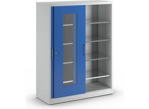 4250633323755 - Schiebetürenschrank mit Sichtfenstertüren 8 verzFachböden1 Mitteltrennwand BxTxH 1500x600x1965 mm RAL7035 lichtgrau RAL5010 enzianblau