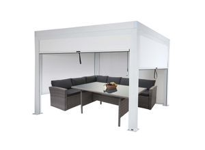 4057651567679 - Pergola MCW-L46 mit Seitenwand Gartenpavillon Lamellen-Pavillon Rollo 11cm-Alu-Gestell sturmfest 3x3m ~ weiß