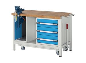 4061753037985 - eurokraft pro Fahr- und absenkbare Werkbank Gestellbauweise Serie 8 3 Schubladen Klapplift-Schraubstock BxT 1250 x 700 mm