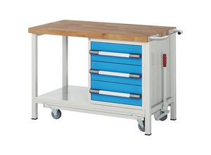 4061753038388 - eurokraft pro Fahr- und absenkbare Werkbank Gestellbauweise Serie 8 3 Schubladen Ablageboden BxT 1250 x 700 mm