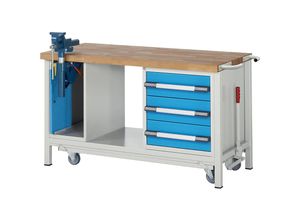 4061753037992 - eurokraft pro Fahr- und absenkbare Werkbank Gestellbauweise Serie 8000 3 Schubladen Klapplift-Schraubstock BxT 1500 x 700 mm