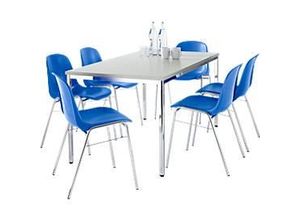 4250510934142 - Sparset Stapelstuhl BETA Bezug blau Sitzmaße B 400 x T 420 x H 460 mm 6 Stück + Konferenztisch B 1600 x T 800 mm lichtgrau