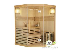 4260565525141 - Saunakabine Espoo150 Premium mit Harvia Ofen – 3 Personen – Hemlock Holz Glasfront und led Licht – Inkl Thermometer & Sanduhr –Komplett Set