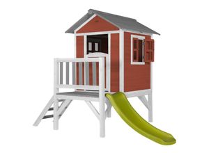 8717973932109 - - Spielhaus Beach Lodge xl in Rot mit hellgrüner Rutsche | Stelzenhaus aus fsc Holz für Kinder | Kleiner Spielturm für den Garten - Rot