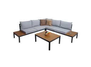 4057651506722 - Garten Garnitur MCW-H54b Garnitur Sitzgruppe Garten- Lounge-Set Sofa Olefin Holzoptik Alu ~ Polster hellgrau