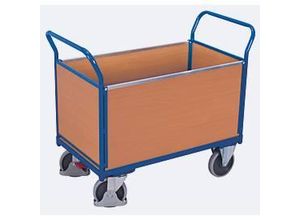 4035694000216 - Vierwandwagen Stahl MDF-Platte Enzianblau Buche-Dekor L 850 x B 450 mm herausnehmbare Längswände TPE-Rollen mit EasySTOP bis 400 kg