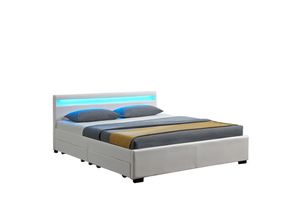 4260304763520 - Led Polsterbett Lyon mit Bettkasten – Bettgestell aus Holz & Kunstleder mit Lattenrost – Einzelbett Jugendzimmer Möbel – 140 x 200 cm - weiß - Juskys