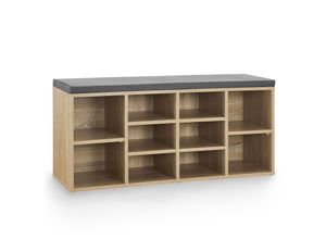 4260565526421 - Schuhregal Holz mit Polsterung Stoff & 10 Fächern höhenverstellbar 104x30x48 cm - Regal mit Sitzbank bis 150 kg - Holzoptik   Grau - Juskys