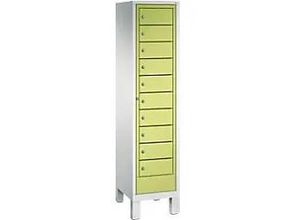 4061261663324 - C+P Wäsche-Sammelschrank Evolo H1850xB420xT500mm Korpus Lichtgrau Fronten Viridingrün 1 Abteil mit 10 Fächern