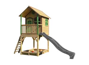 8717973937623 - - Spielhaus Sarah mit Sandkasten & grauer Rutsche Stelzenhaus in Braun & Grün aus fsc Holz für Kinder Spielturm mit Wellenrutsche für den Garten