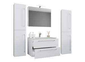 4051814383397 - 5-tlg Waschplatz Badinos 2 Schubfächer 80 cm Mit Spiegelschrank + Hochschränke Weiß