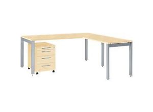 4250510811122 - Select Komplettset LOGIN 4-Fuß Schreibtisch 1800 mm 4-Fuß Anbautisch Rollcontainer Ahorn Dekor