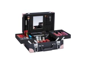 4052025459192 - Relaxdays - Kosmetikkoffer für Make-Up Nagellack Schminkkoffer mit Spiegel hbt 125 x 31 x 23 cm leer schwarz rosa