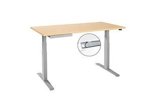 4251898813845 - Schreibtisch elektrisch höhenverstellbar T-Fuß B 1600 x T 800 x H 645-1290 mm Ahorn weißaluminium + Kabelkanal Zubehörschublade